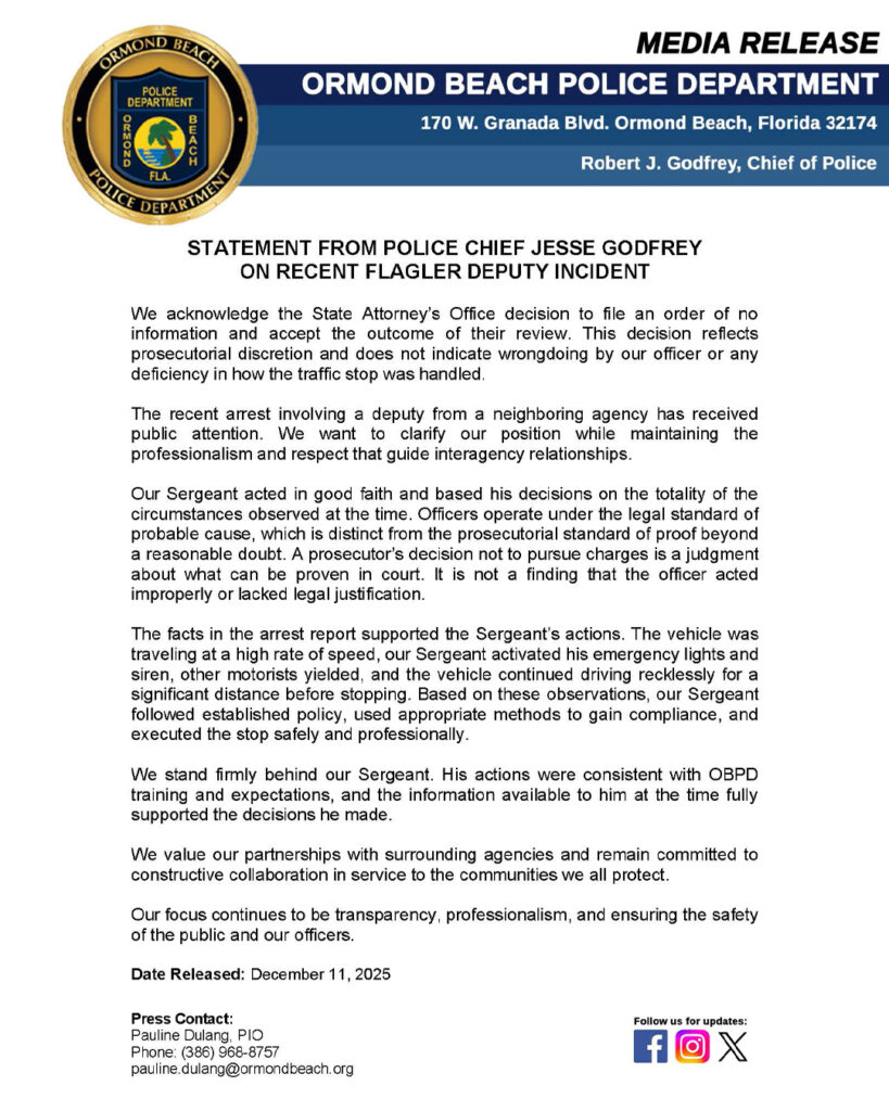 Ormond Police Chief Defends Arrest of FCSO Detective - AskFlagler